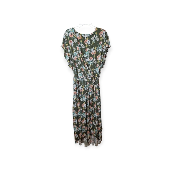 Cato | Dresses | Cato Green Floral Midi Wrap Dress Womens 2628w Vneck ...